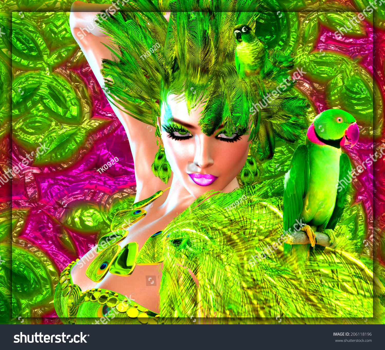 A Wild Digital Art Fashion Scene With An Exotic Green Feathered Outfit Worn By A Stunning 3d