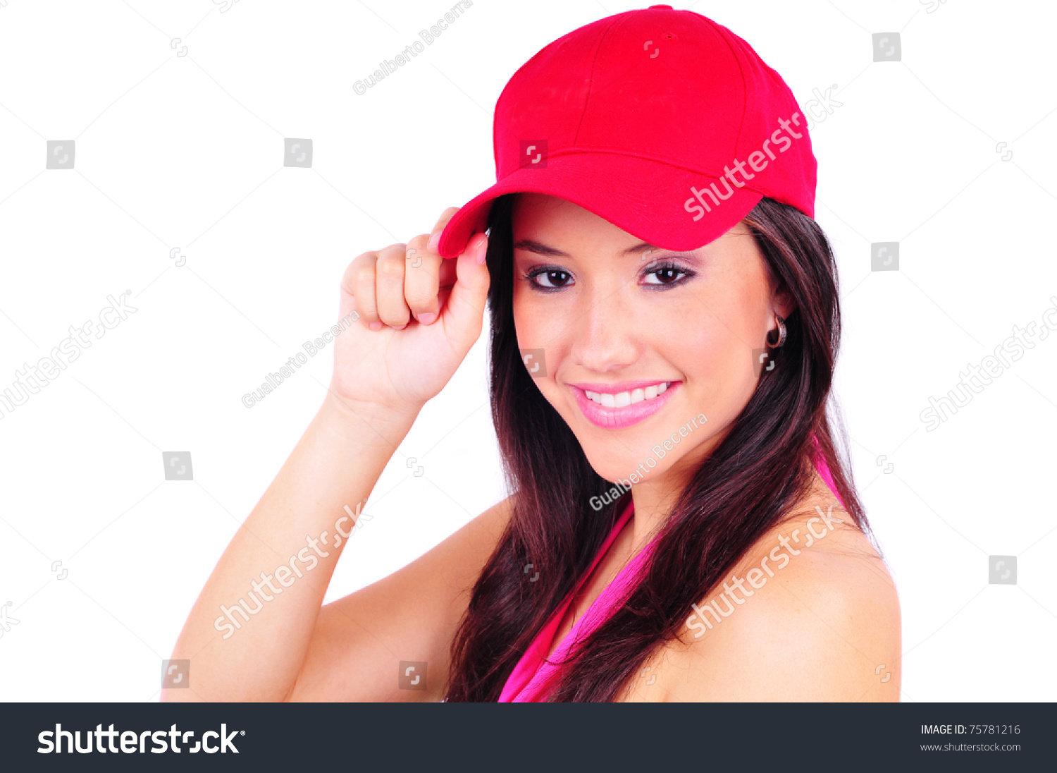 Attractive Young Woman Wearing A Red Baseball Cap Stockfoto 75781216