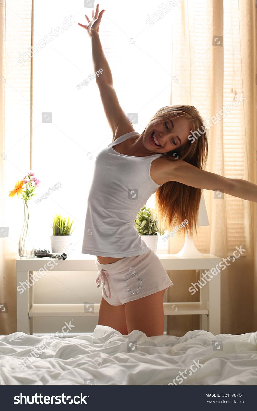 Beautiful Smiling Young Long Haired Woman Wake Up Early Morning