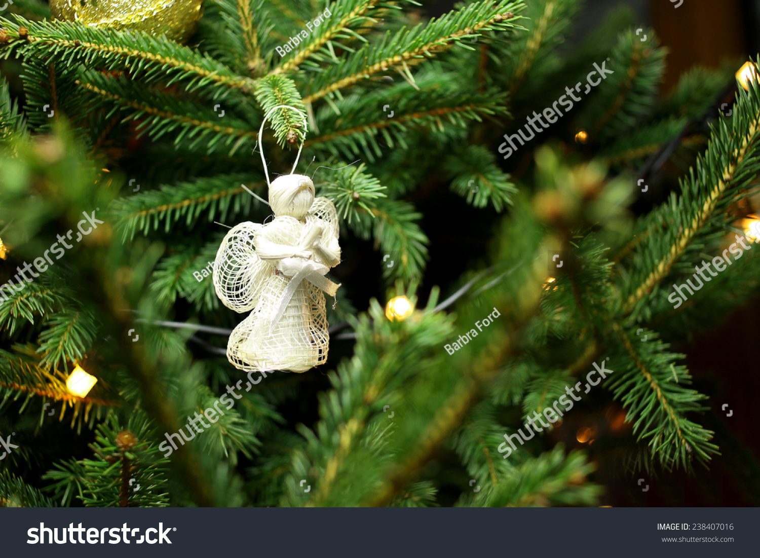 Christmas Angel On Christmas Tree Branch, Lights Hanging In A Tree ... Christmas Angel On Christmas Tree Branch, Lights Hanging In A Tree ...