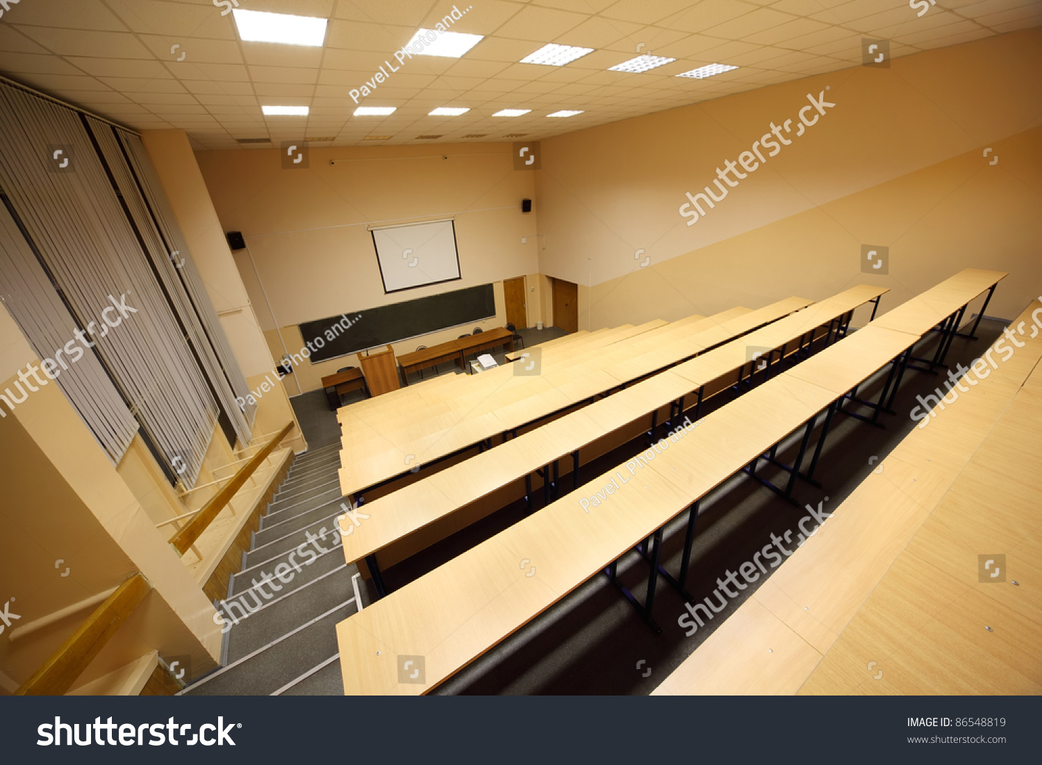Classroom, University Lecture Hall; Big Blackboard, Wooden Desks And ... Classroom, University Lecture Hall; Big Blackboard, Wooden Desks And ...