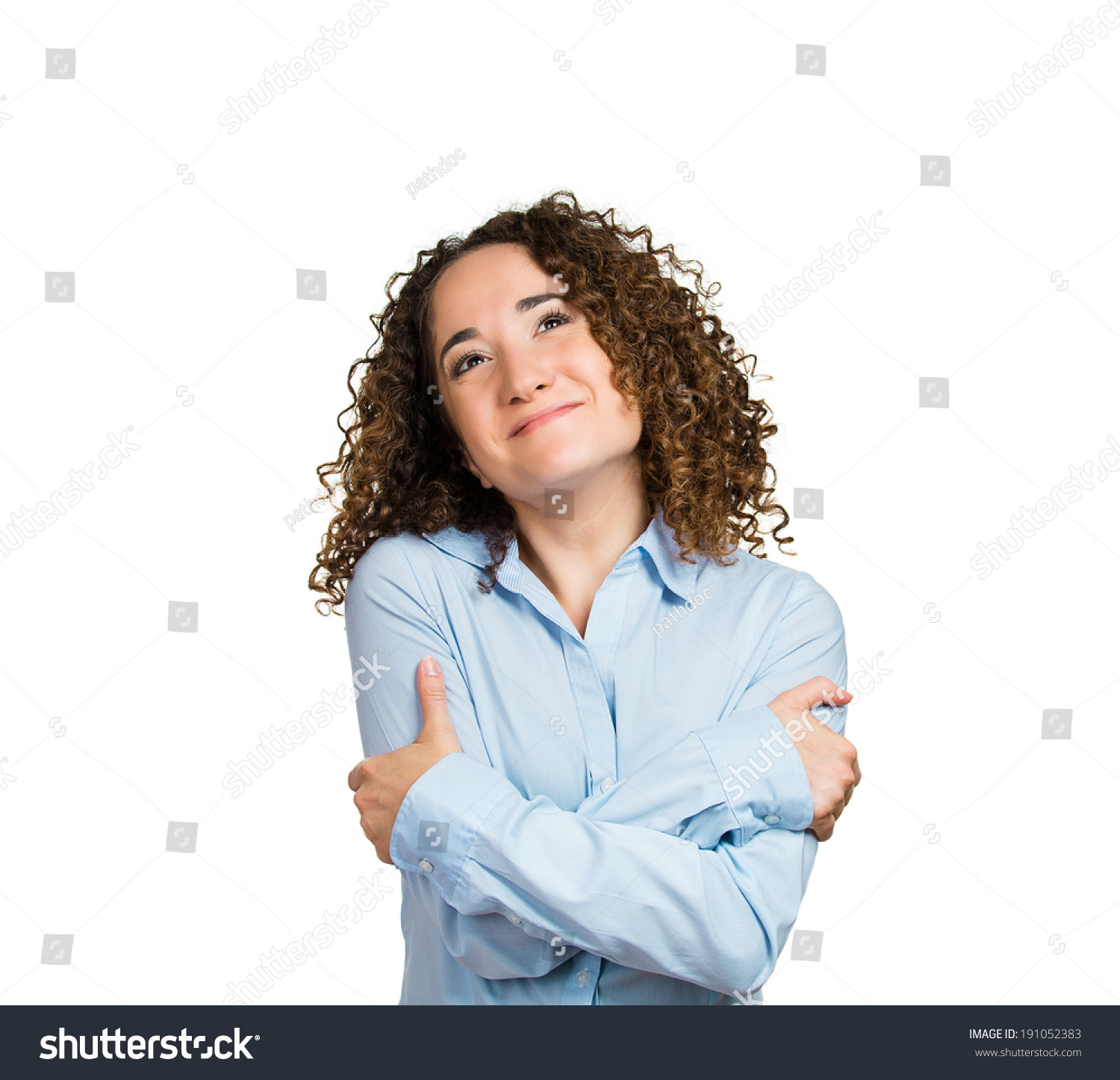 Closeup Portrait Confident Smiling Woman Holding Hugging Herself