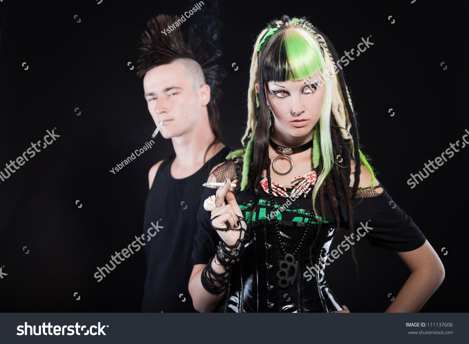 Couple Of Cyber Punk Girl With Green Blond Hair And Punk Man With ... Couple Of Cyber Punk Girl With Green Blond Hair And Punk Man With ...