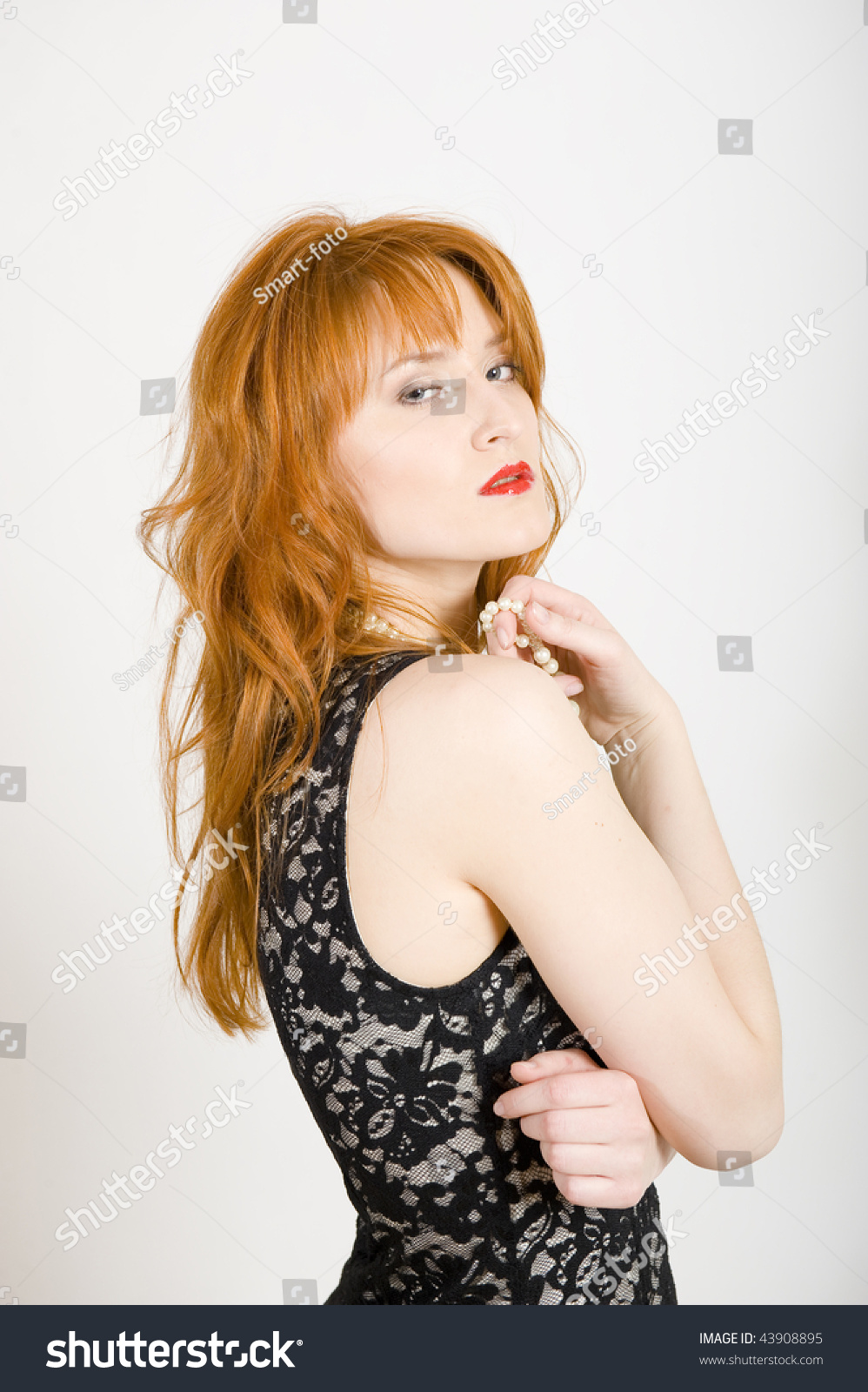 Glamour Portrait Of Sexy Red Haired Woman In Black Dress And Juicy Red