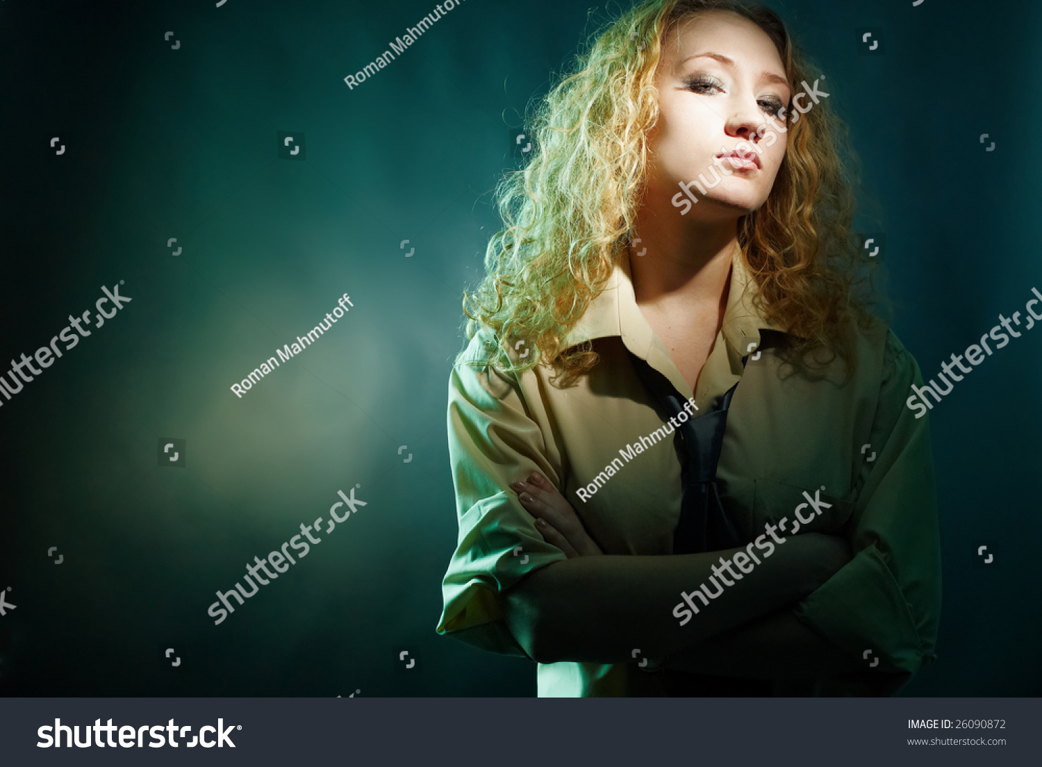 Glamour Seductive Woman Portrait In Shirt And Tie Looking At Camera Specific Lighting Stock