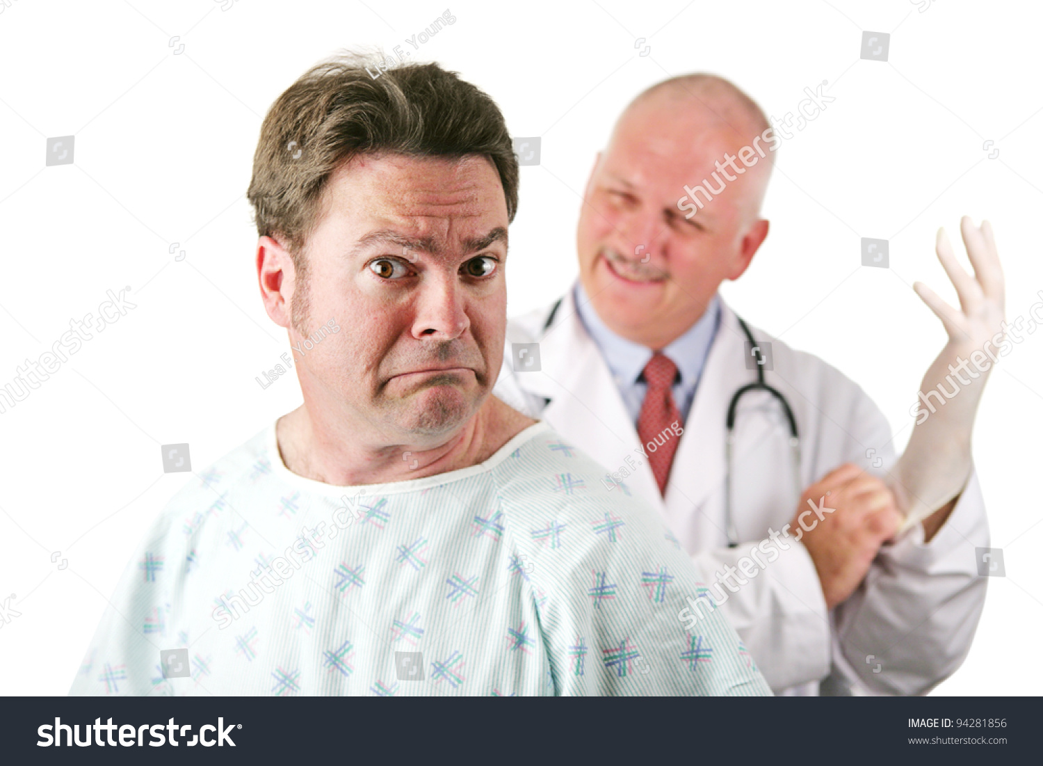 Nervous Patient About To Be Examined By A Doctor Isolated On White