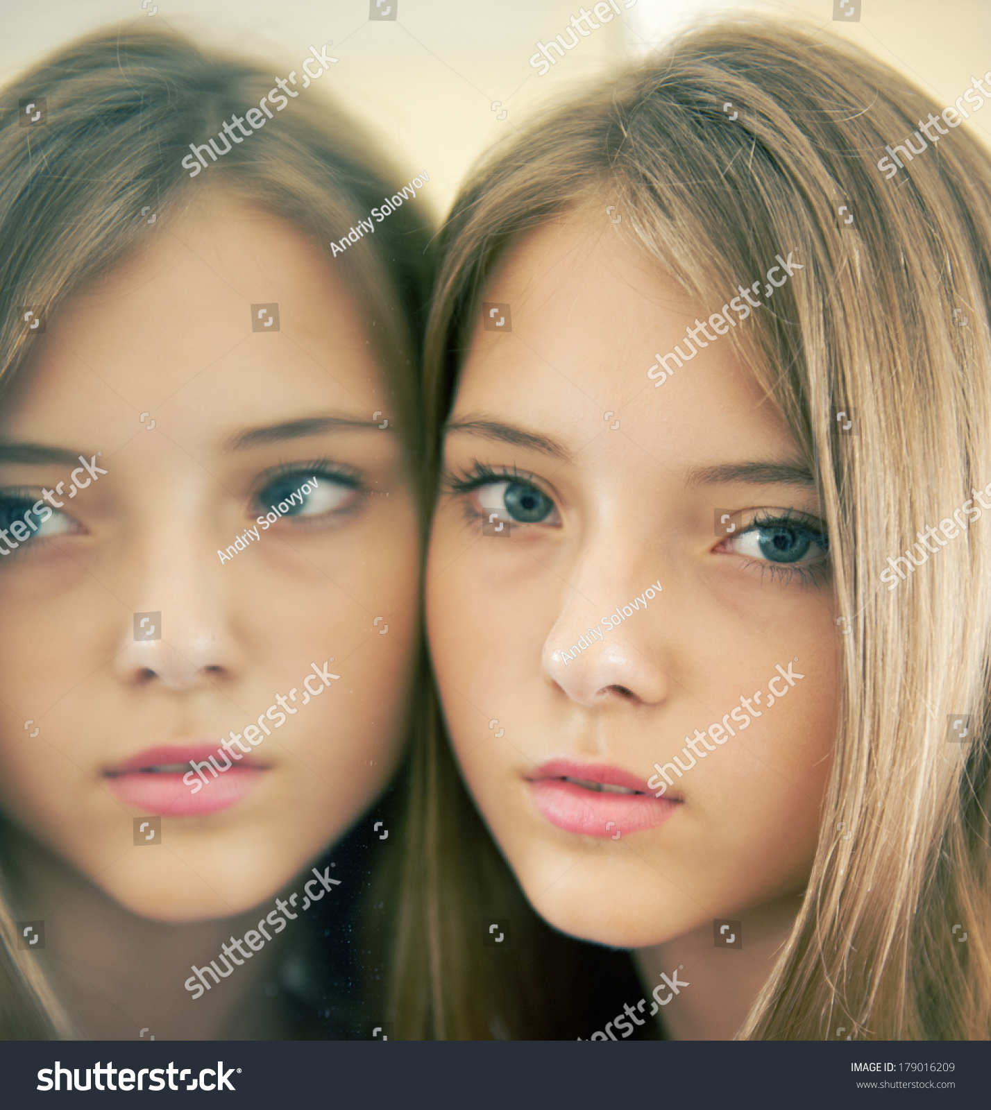 Portrait Of A Beautiful Young Girl At The Mirror Cute Girl Standing Pressed Against His