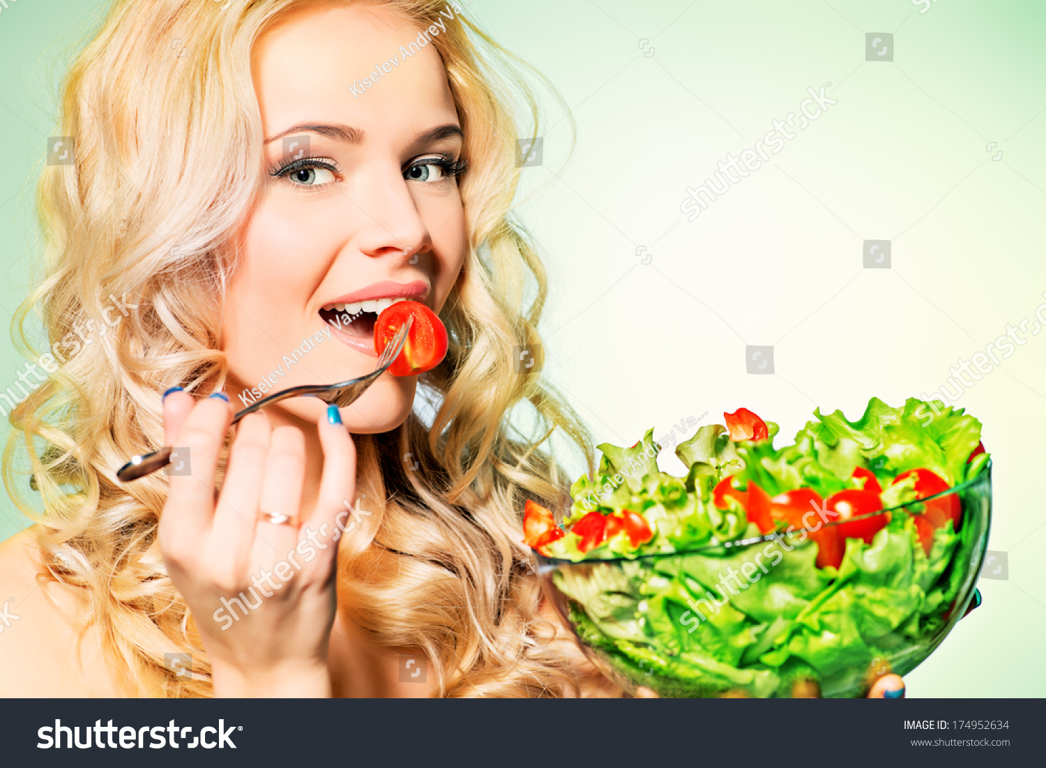Portrait Of A Beautiful Young Woman Eating Vegetable Salad Healthy