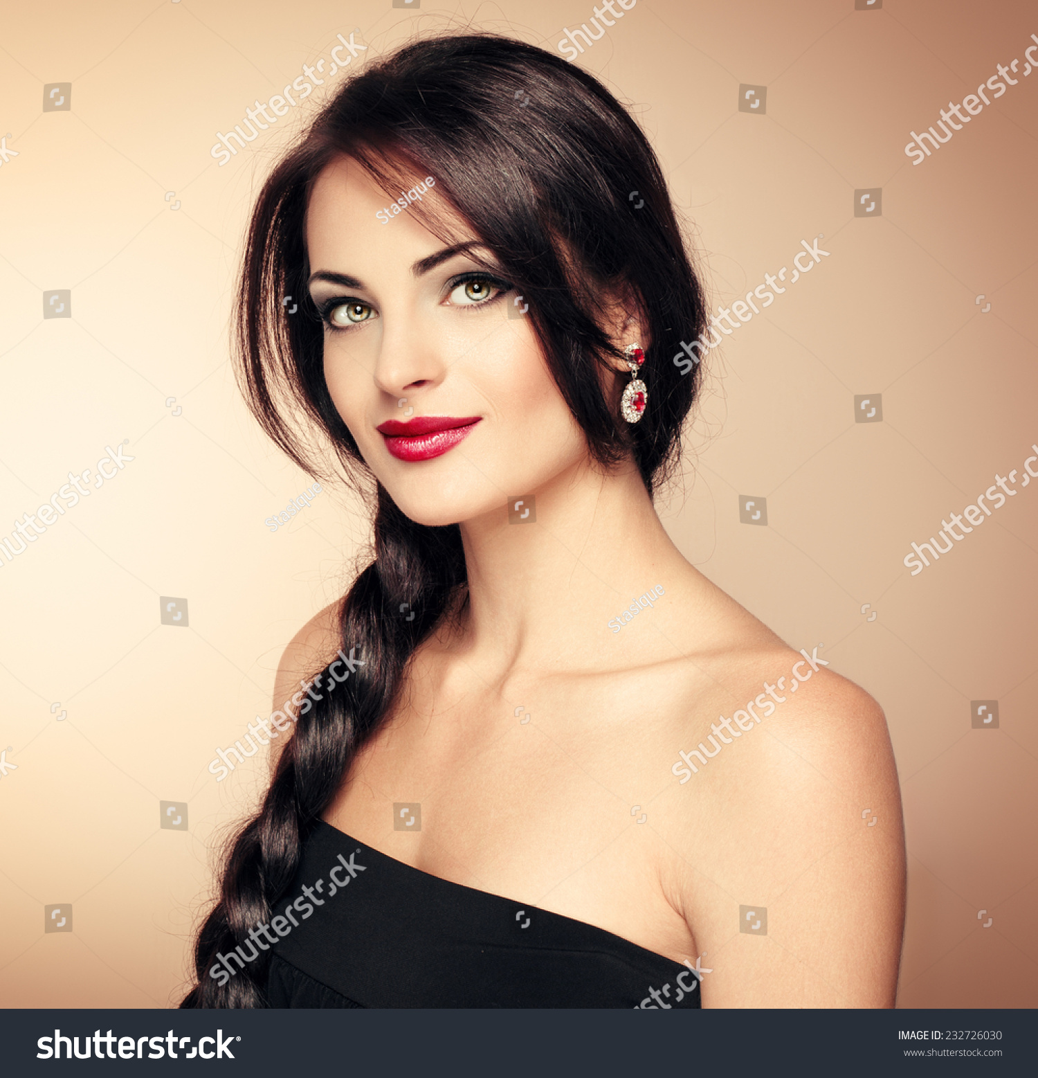 Portrait Of Beautiful Brunette Vogue Model Evening Dressed With