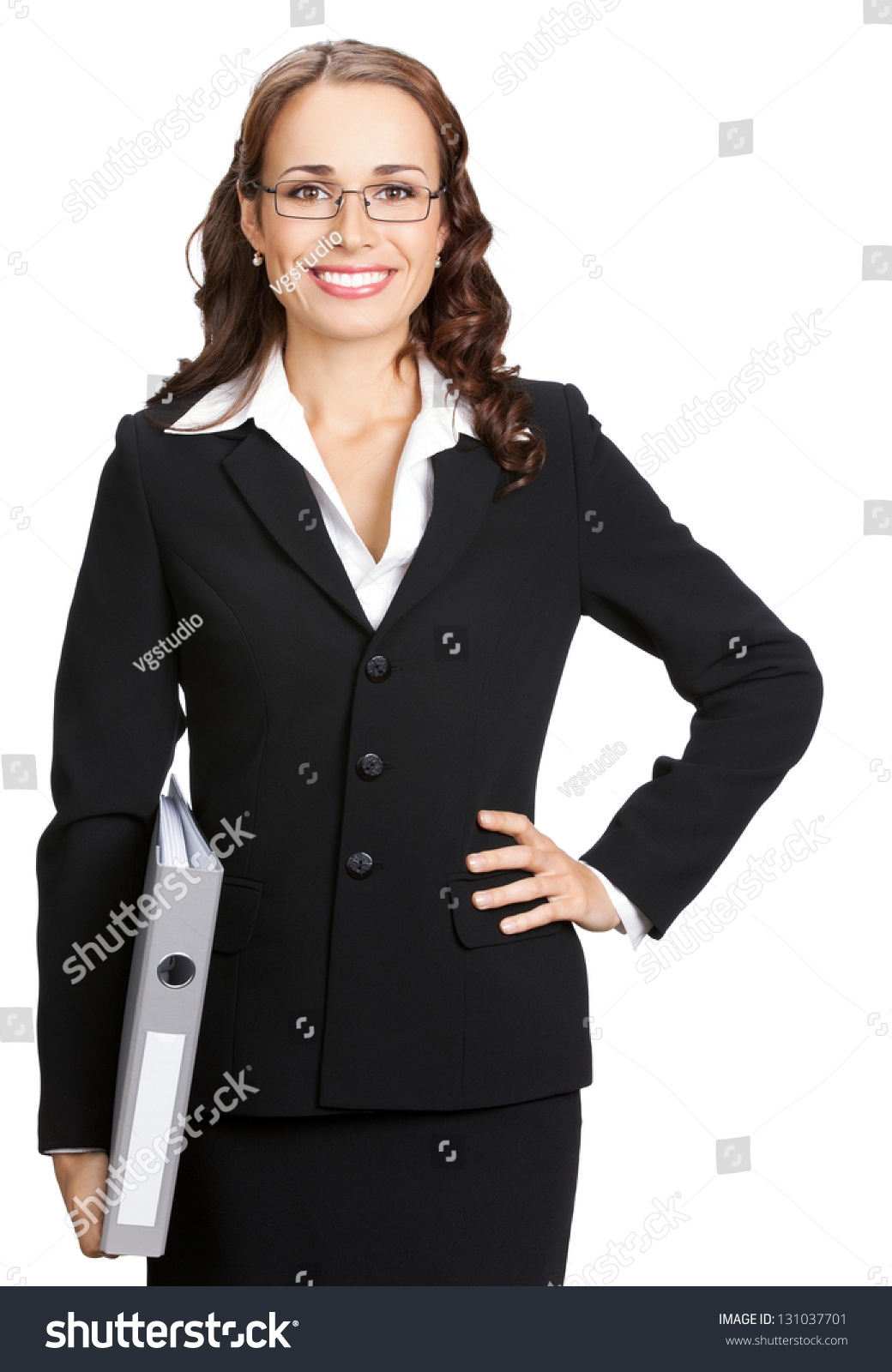 Portrait Of Happy Smiling Business Woman In Glasses With Grey Folder