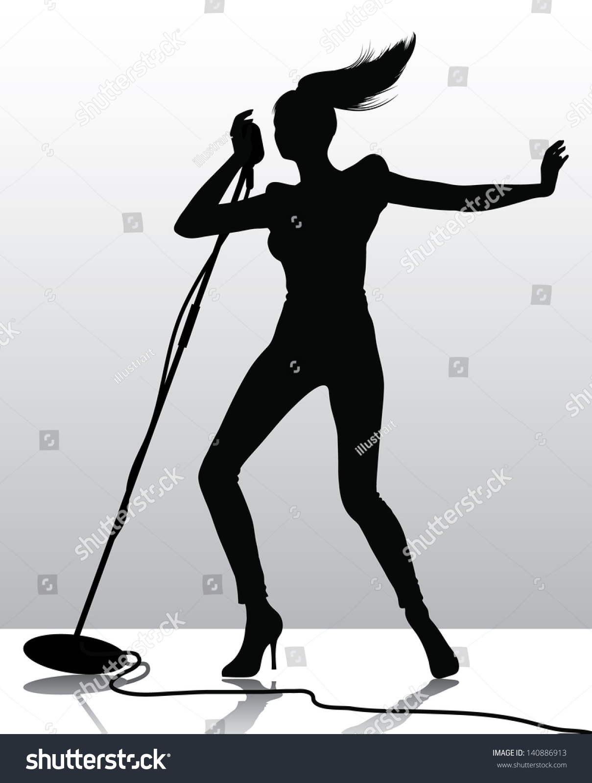 Silhouette Of A Female Singer With The Microphone Stand Also Available