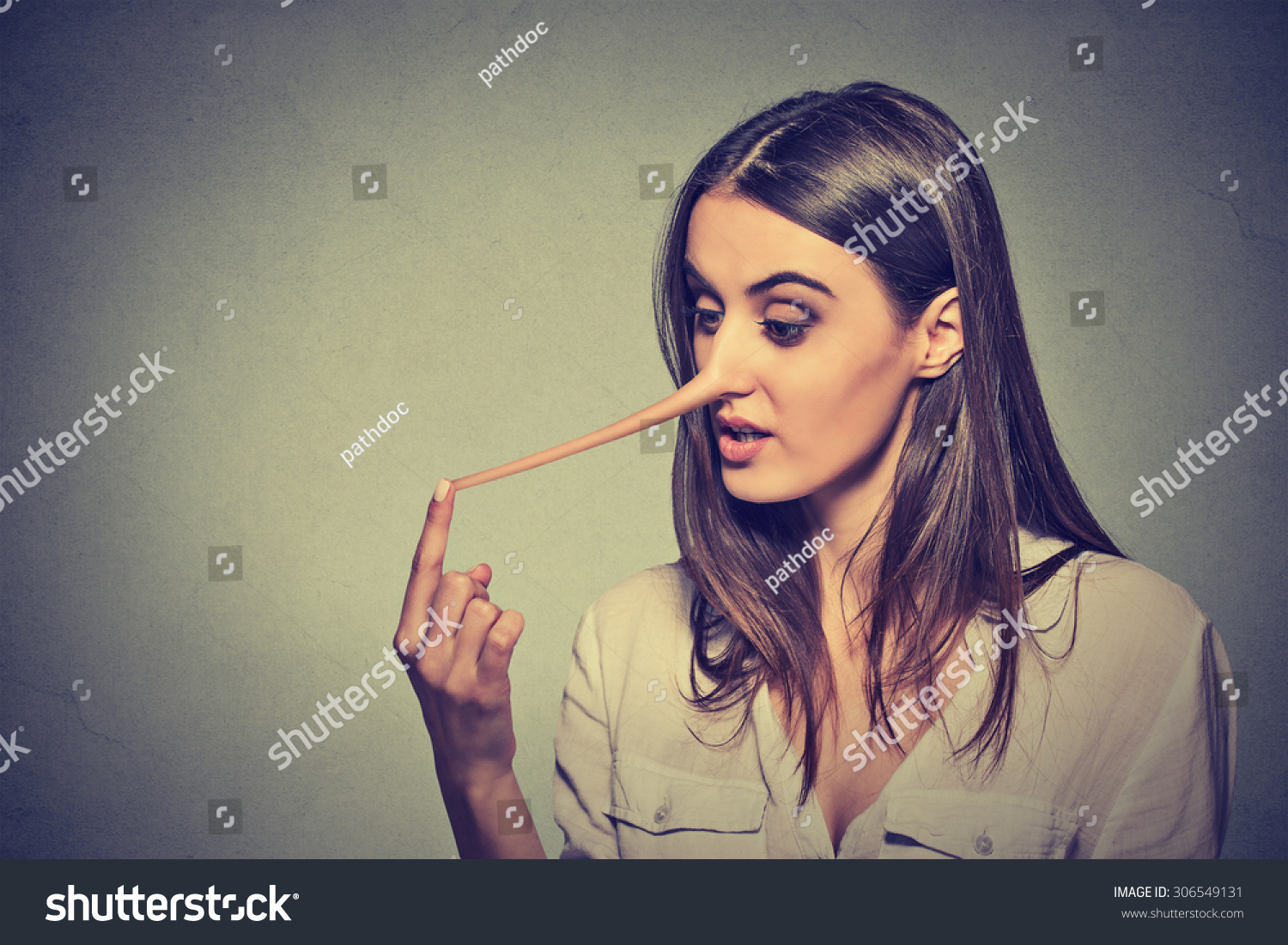 Woman With Long Nose Isolated On Grey Wall Background Liar Concept Human Face Expressions