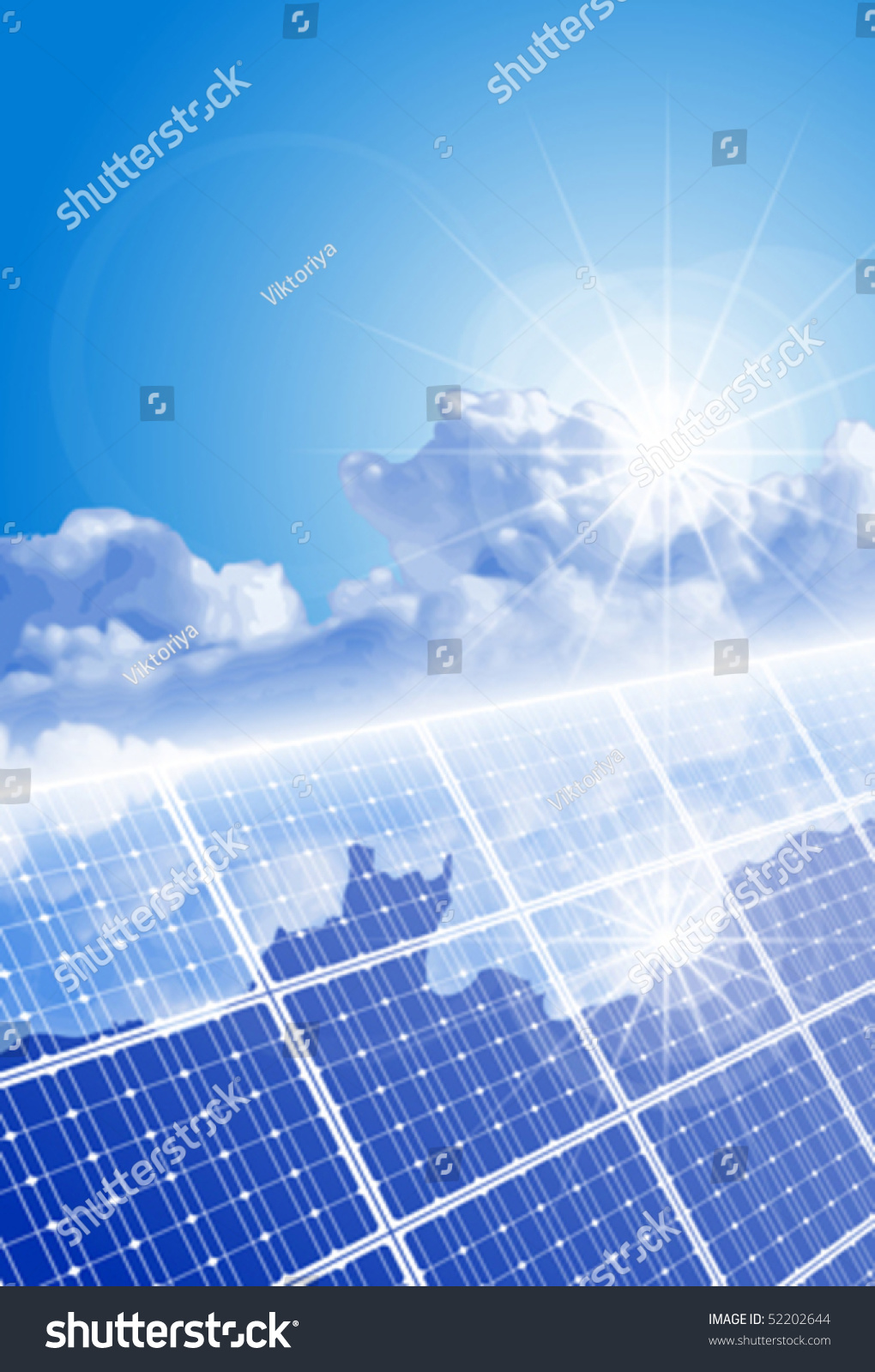 Сlear Sky Bright Sun And Solar Panel With Reflection Of Clouds Eps10 Stock Vector