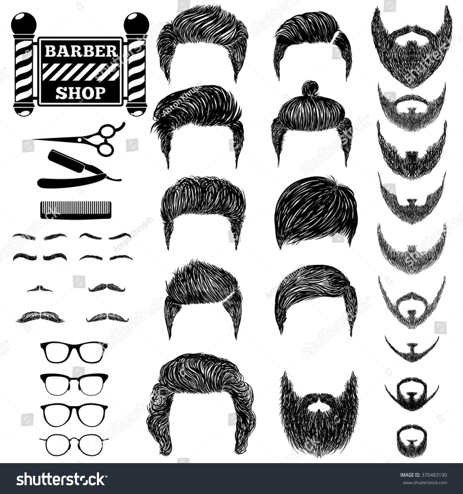 A Set Of Hand Drawn Of Mens Hairstyles Beards And Mustaches Tools Barbera And The Sign