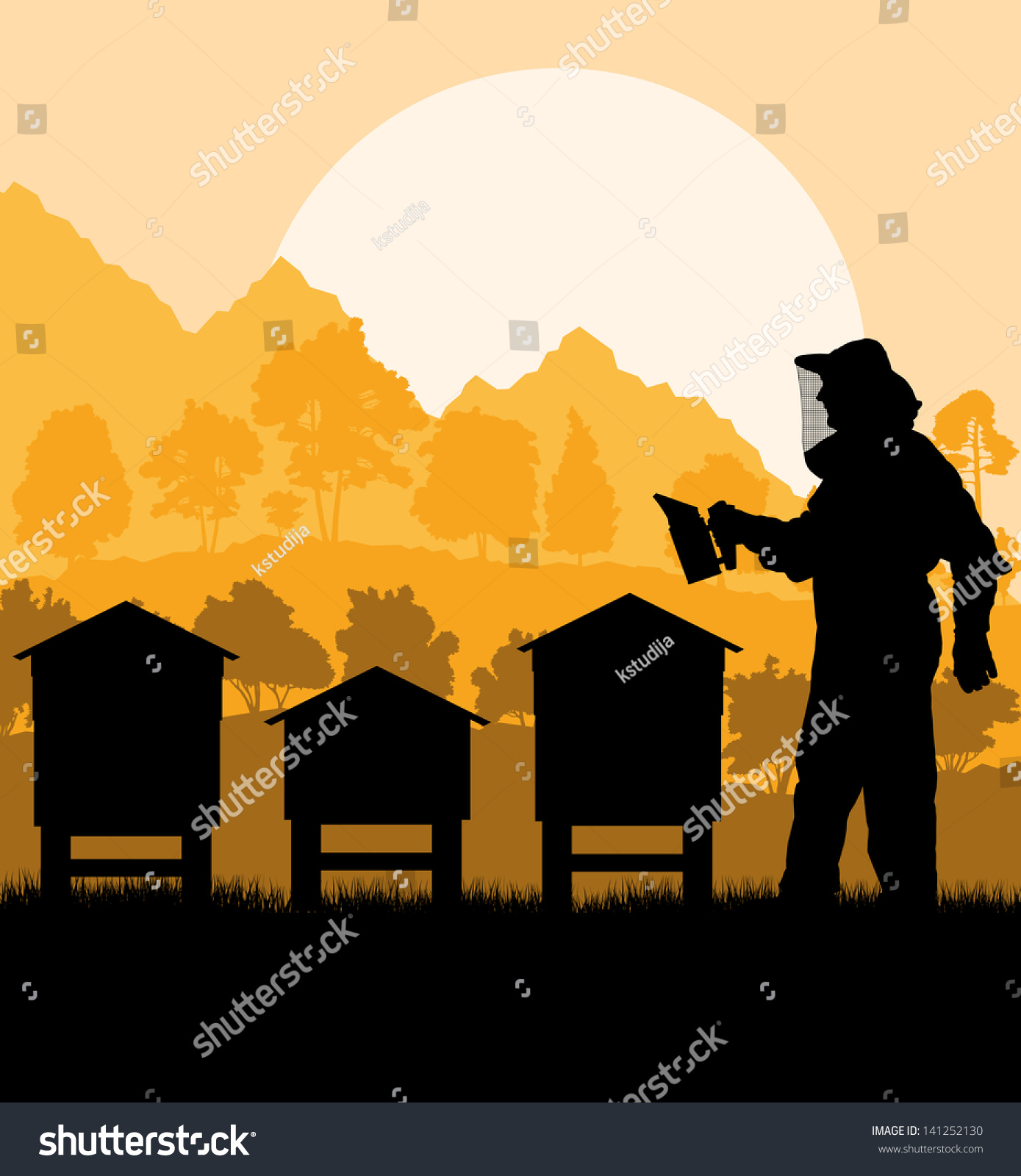 Beekeeper Working In His Apiary Vector Background - 141252130 ... Beekeeper Working In His Apiary Vector Background - 141252130 ...