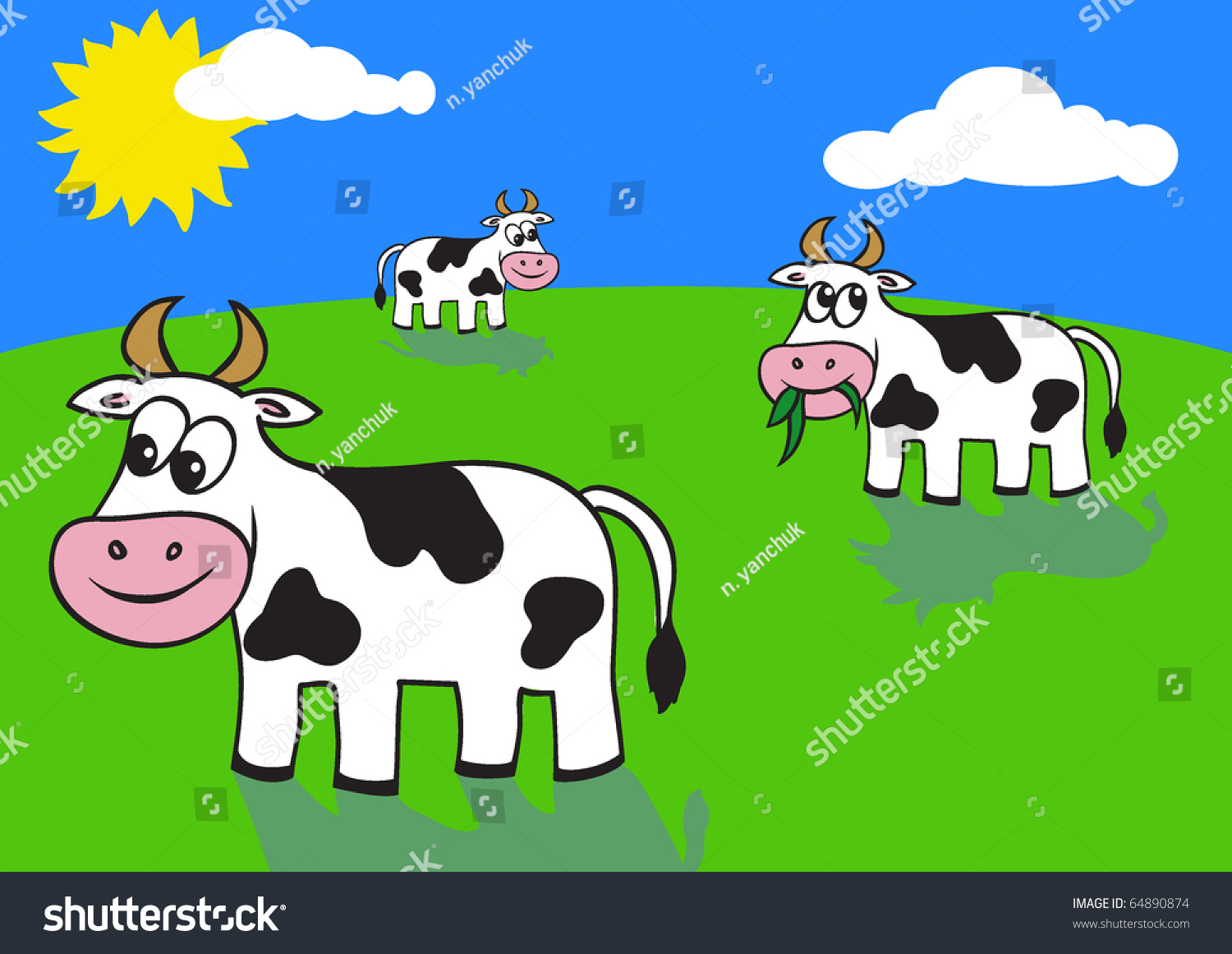 Cows Eating Grass On Meadow Stock Vector 64890874 Shutterstock