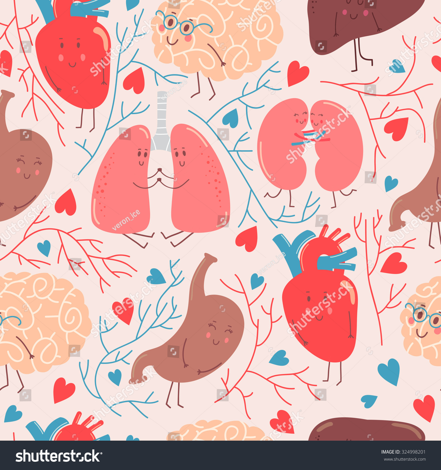 Cute Cartoon Anatomy Vector Pattern With Funny Organs, Heart, Brain ...