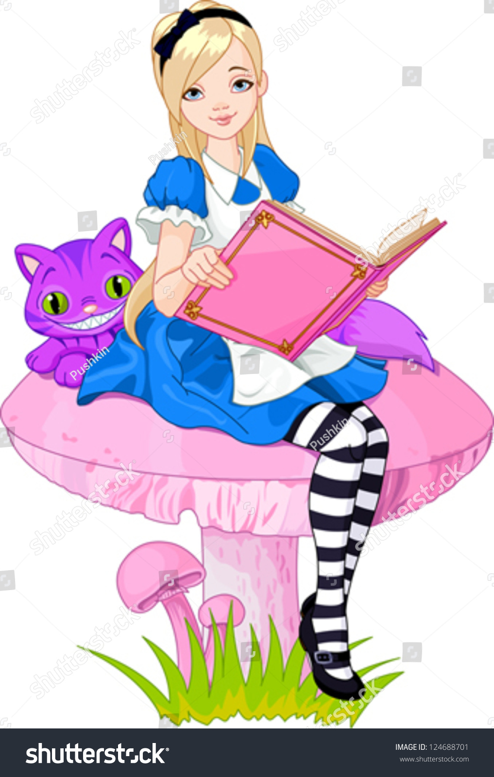 Girl Dressed Up Like Alice In Wonderland Holding Book Stock Vector