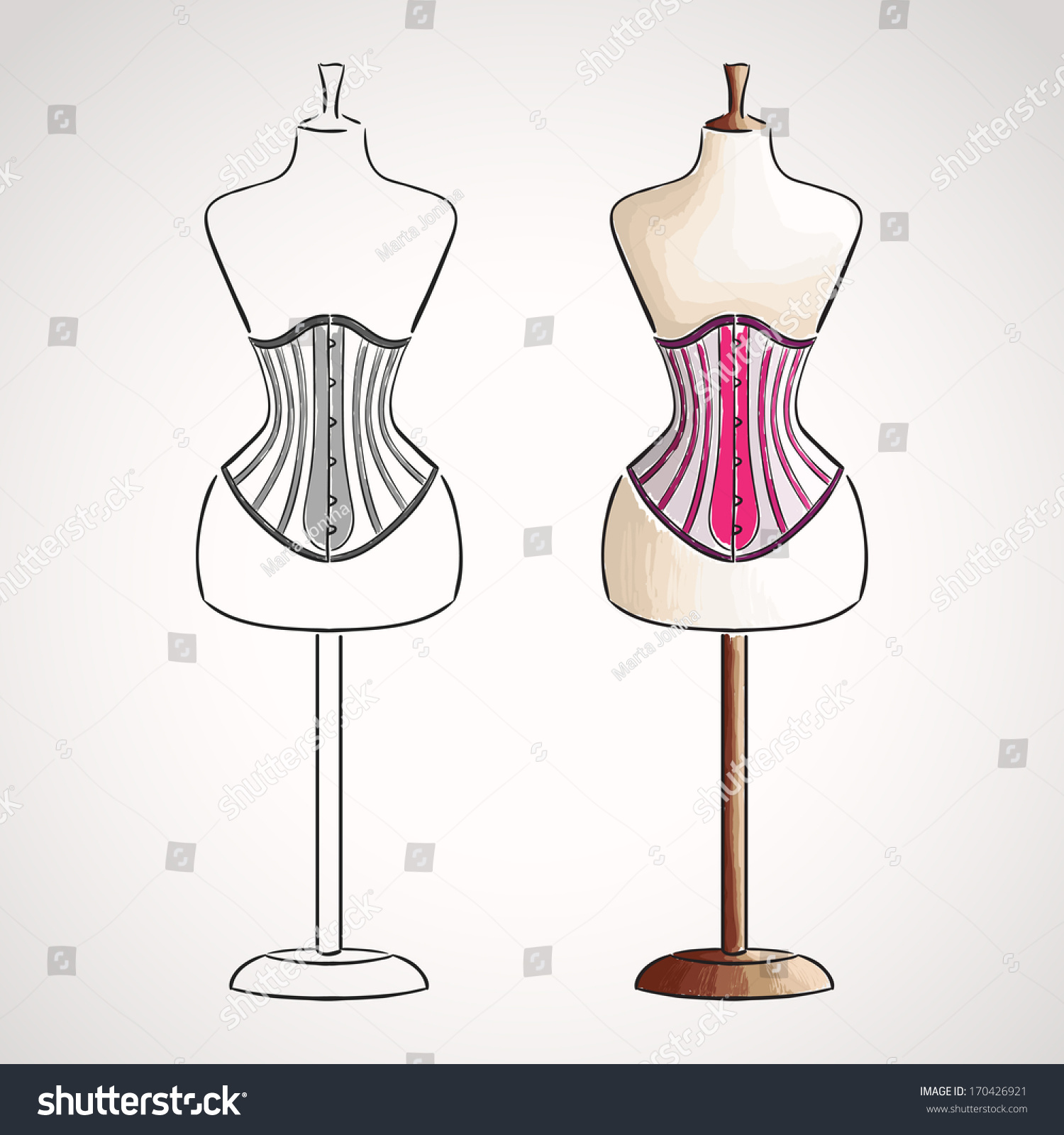 Hand Drawn Corset On Mannequin Silhouette And Colored Version Stock Vector Illustration