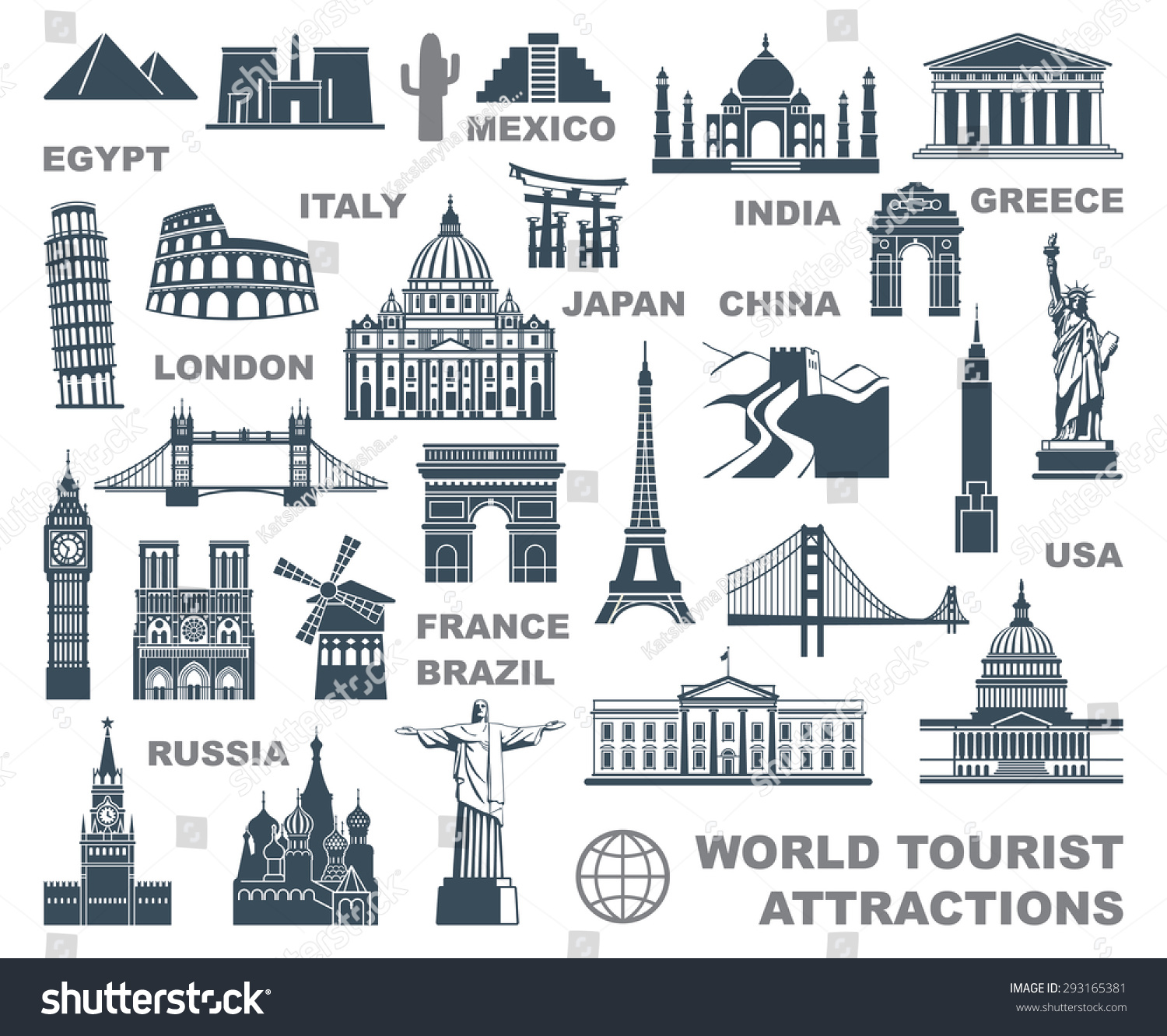 Icons World Tourist Attractions Stock Vector Illustration 293165381