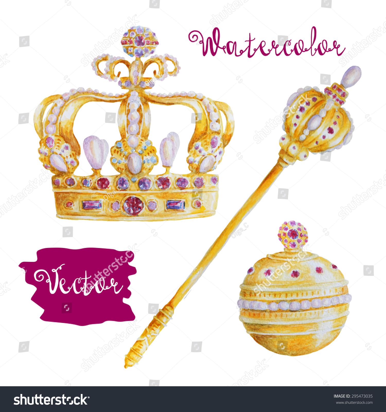 Kings Regalia Set Golden Crown Scepter Stock Vector 295473035 Shutterstock