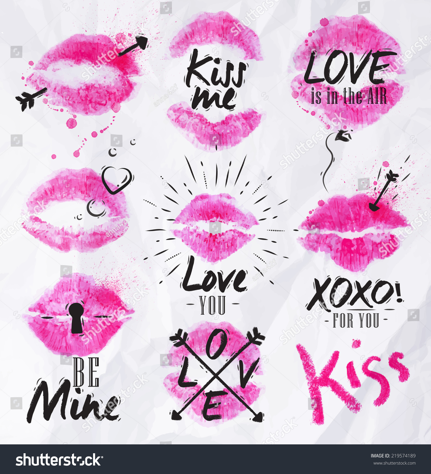 Lipstick Kiss Signs Prints Pink Lips Lettering About Love Stock Vector Illustration 219574189