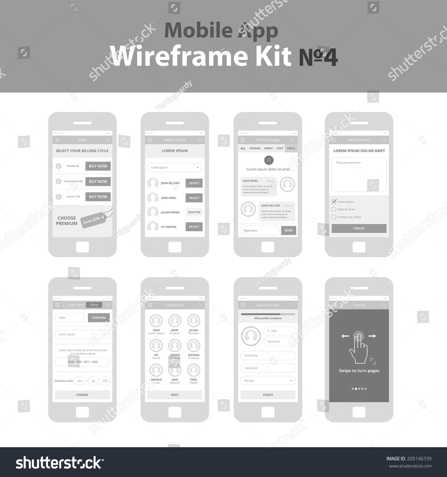Mobile App Wireframe Ui Kit 4. Order Plan Screen, Select Contacts