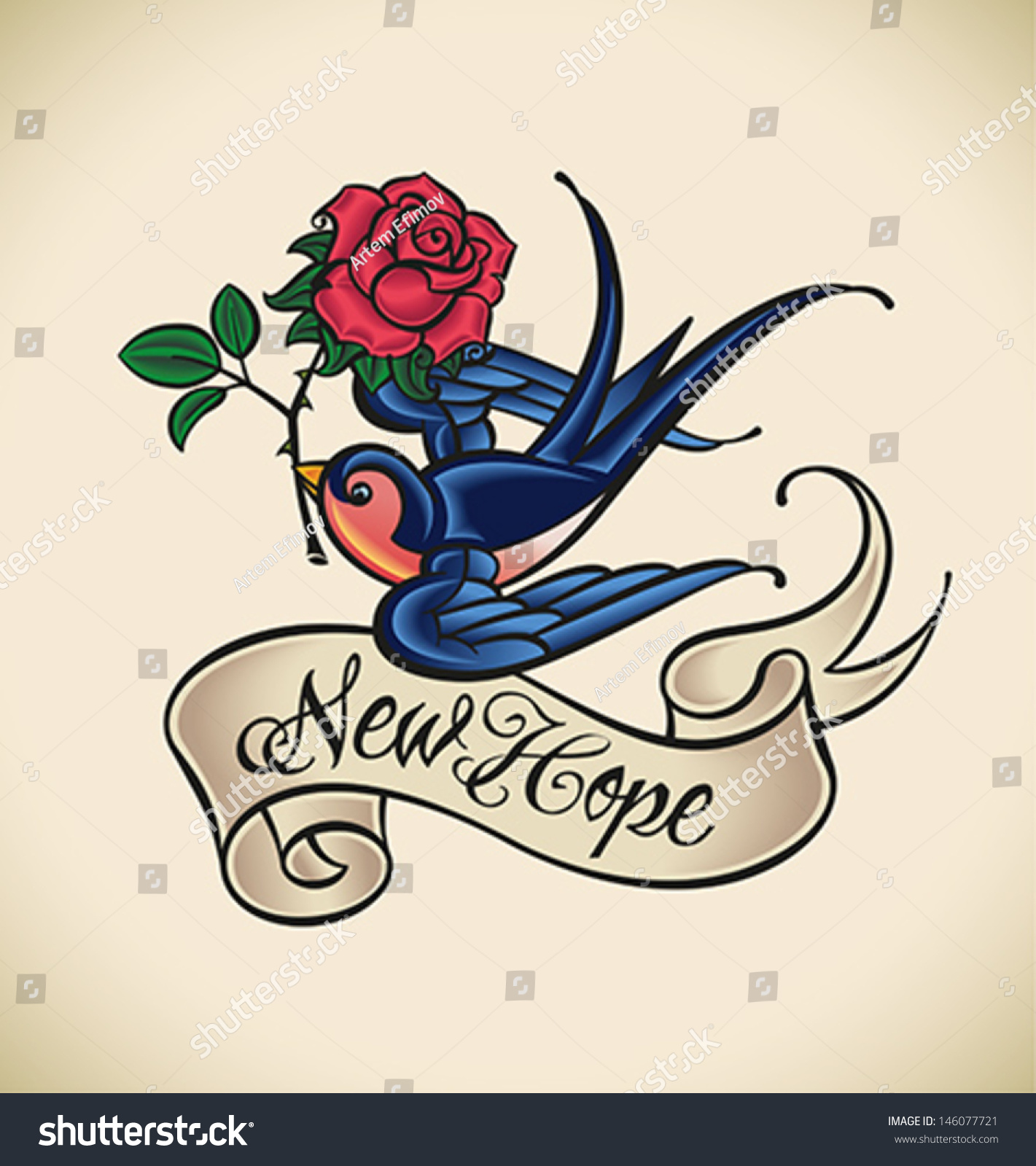 Old School Styled Tattoo Of A Swallow With Banner And Rose Editable Vector Illustration