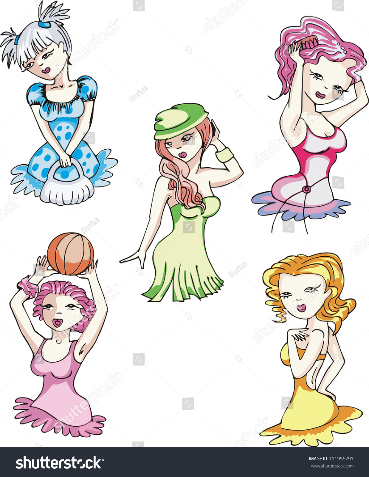 Retro Pin Up Girls Set Of Color Vector Illustrations 111956291