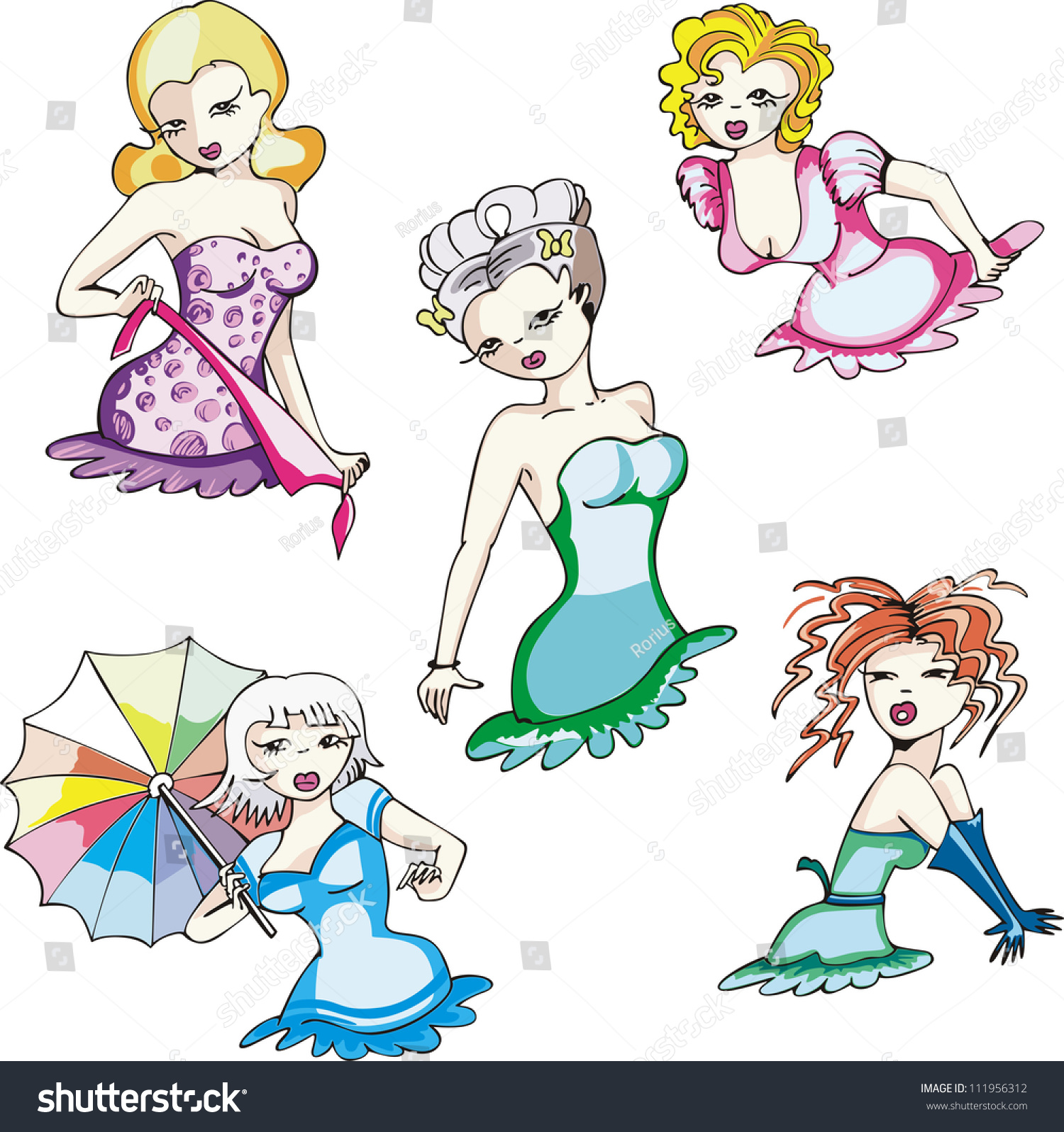 Retro Pin Up Girls Set Of Color Vector Illustrations 111956312
