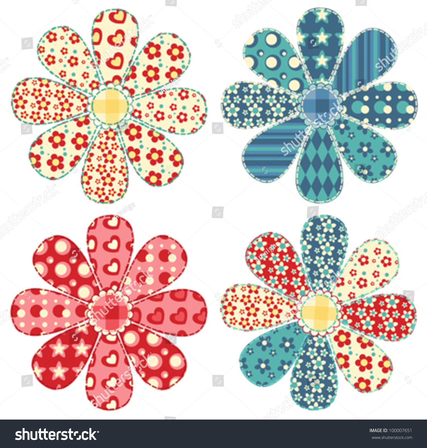 Set Of Four Quilt Flower Patchwork Series Vector Illustration
