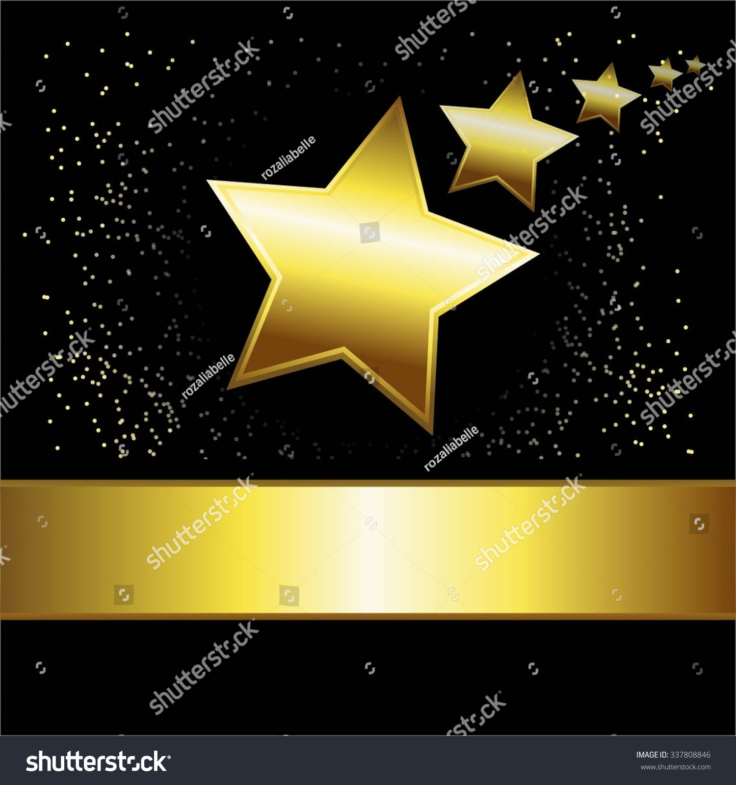 Vector Illustration Of Five Gold Stars And Ribbon On A Black Backdrop