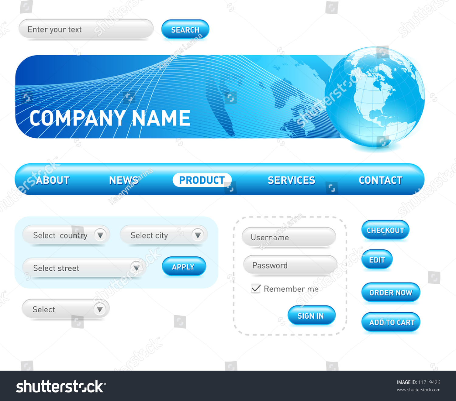 Website Design Set Consist Of Menu Bar Header Buttons Checkbox Input Text Fields Drop