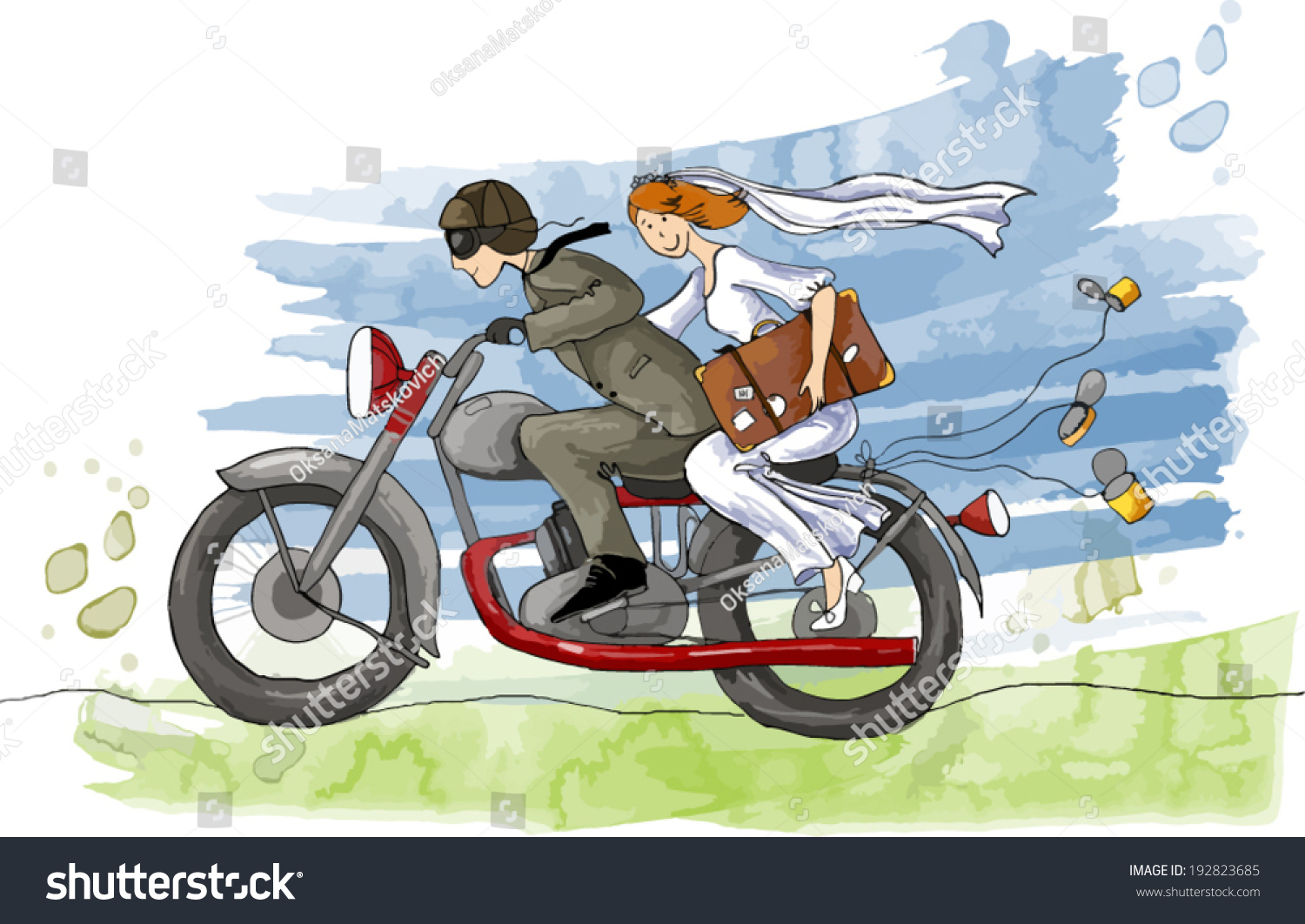 Wedding Illustration Just Married Groom And Bride On The Motorcycle
