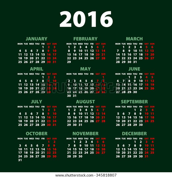 2016 Calendar Simple Design Date Color Stock Illustration 345818807 ...