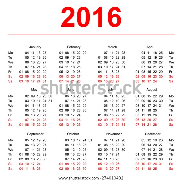 2016 Calendar Template Vertical Weeks First Stock Illustration 274010402