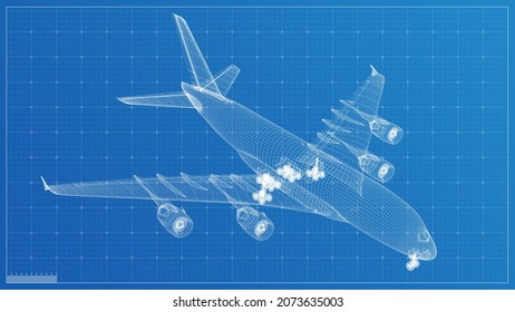 3d Airplane Blueprint Render Technical Industrial Stock Illustration ...