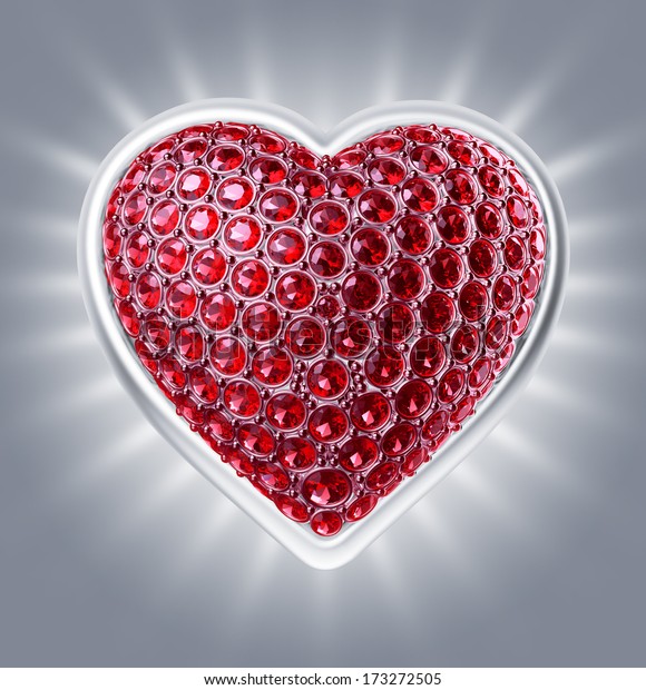 3d Bedazzled Ruby Red Heart Silver Stock Illustration 173272505