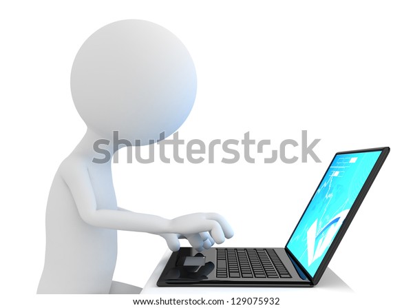 3d character Working on computer. On white background