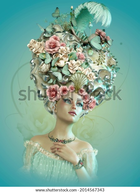 3d Computer Graphics Lady Rococo Headdress: ilustrações stock ...