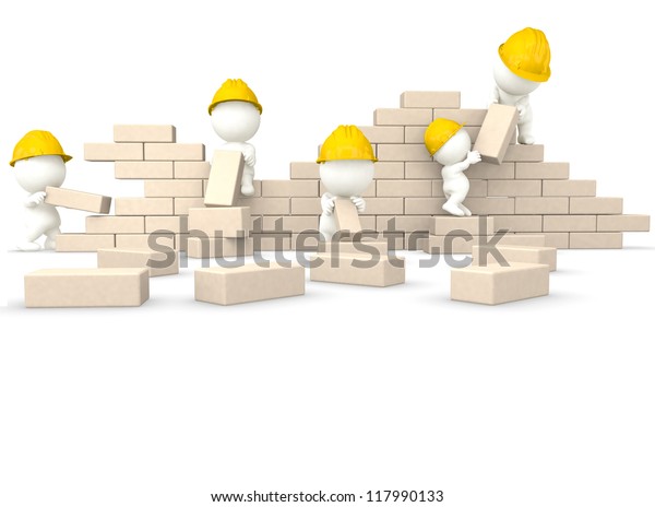 3d Construction Guys Building Wall Isolated Stock Illustration ...