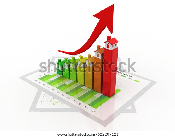 3d House Arrow Graph White Background Stock Illustration 522207121