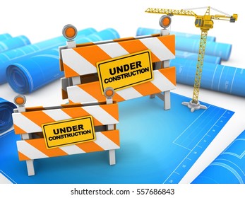 3d Illustration Construction Stand Over Blueprints Stock Illustration ...
