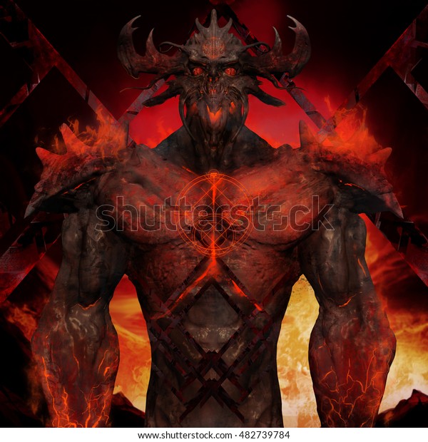 3D illustration of a devil torso art. Artwork of a muscle built hell ...