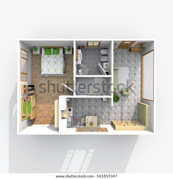 3d Interior Rendering Furnished Rectangular Home: illustrazione stock ...