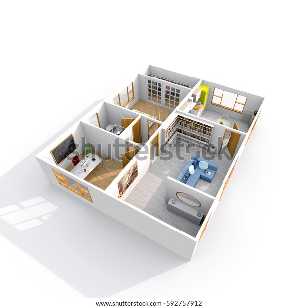 3d Interior Rendering Furnished Rectangular Home Stock Illustration ...