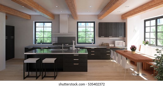 3d Interior Rendering Modern Kitchen Textures Stock Illustration 535402372