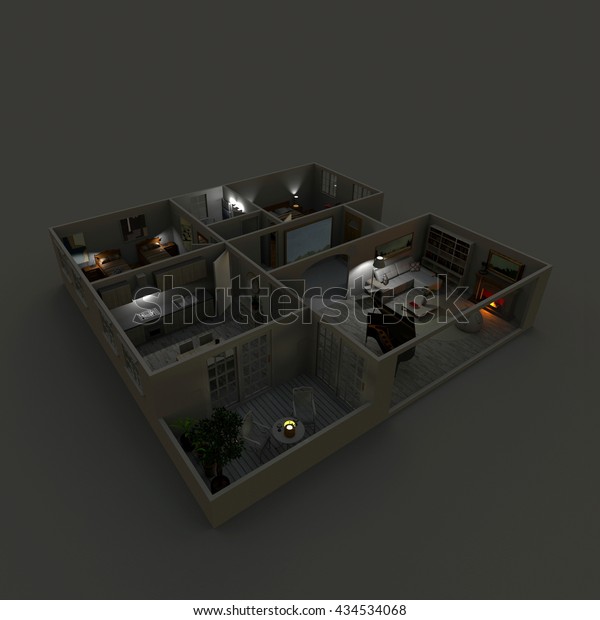 3d interior rendering perspective view of furnished home apartment with ...