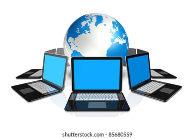3d Laptop Computers Around World Globe Stock Illustration 85680559 ...