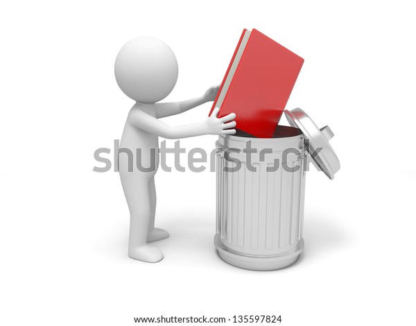 A 3d man throwing a book into a trash can